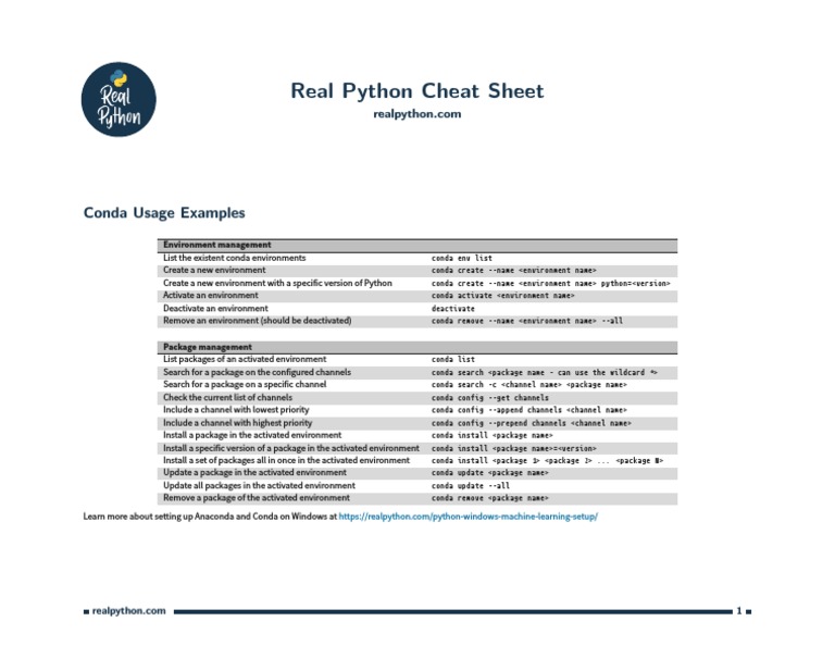 Real Python Cheat Sheet: Conda Usage Examples | PDF | Computing ...