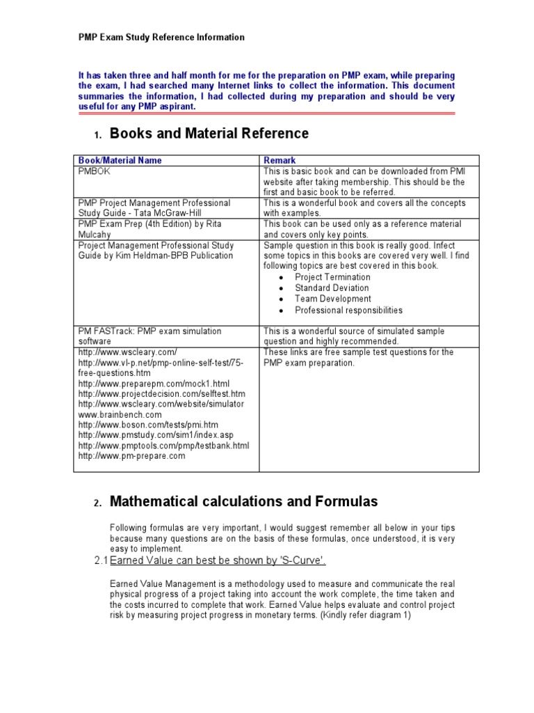 PMP Exam Study Reference Information | PDF | Net Present Value | Risk