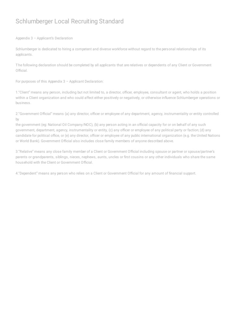 Applicant Declaration for Schlumberger | PDF | Family | Employment