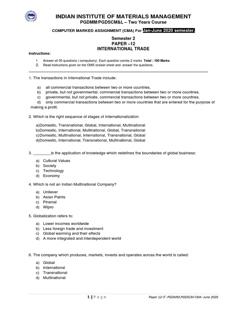 Indian Institute of Materials Management: Computer Marked Assignment ...
