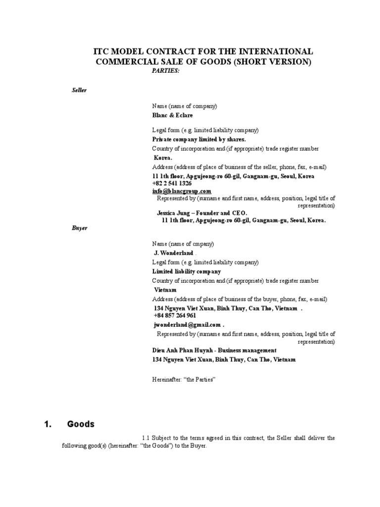 Itc Model Contract For The International Commercial Sale of Goods | PDF ...