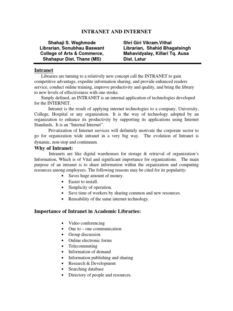 Intranet and Internet in Academic Libraries | PDF | Internet | Computer ...