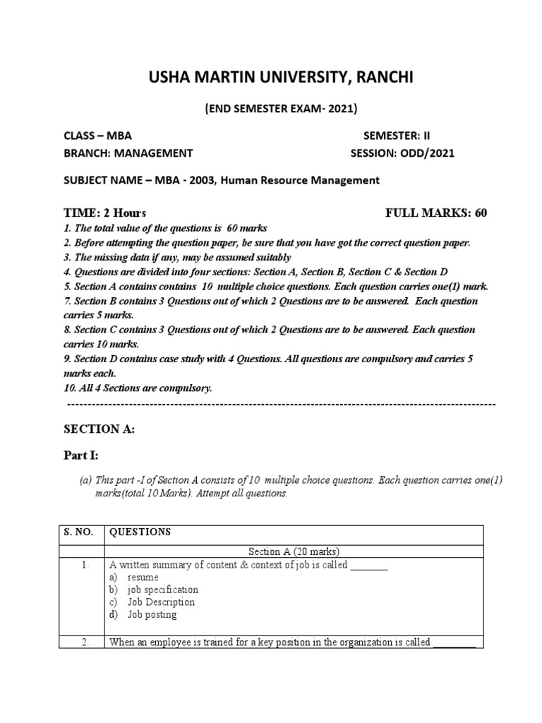 Usha Martin University Exam Question Paper on HRM | PDF | Human ...
