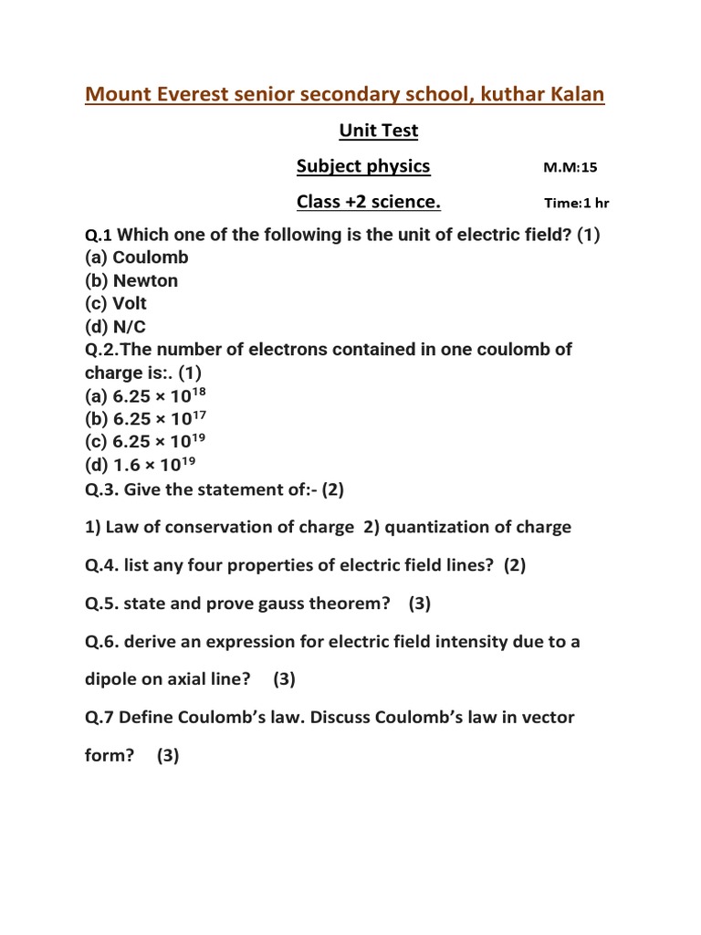 Unit Test Plus Two Physics | PDF