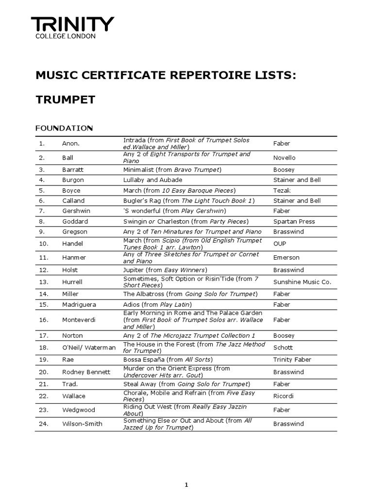 Music Certificate Repertoire Lists: Trumpet: Foundation | PDF | Music ...