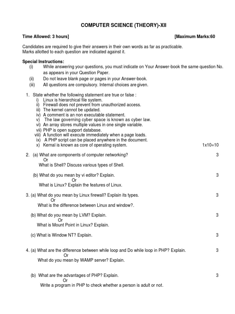 Computer Science Theory Exam XII Guide | PDF | Php | Linux