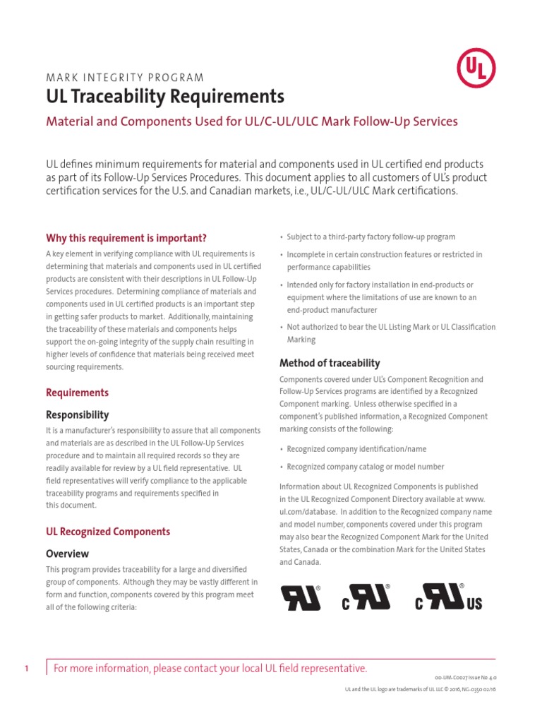 UL Traceability Requirements: Material and Components Used For UL/C-UL ...