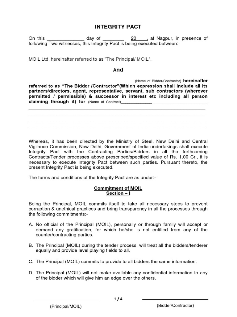 Integrity Pact: Name of Bidder/Contractor | PDF | General Contractor | Bribery