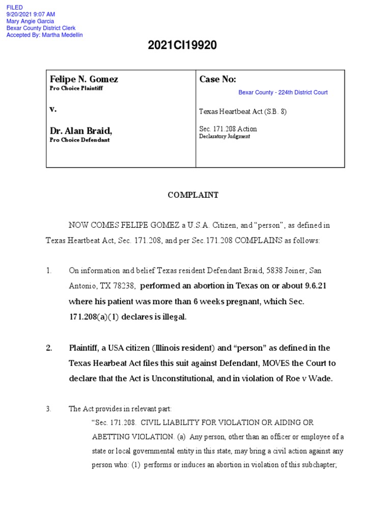 Felipe N. Gomez v. Dr. Alan Braid, Case No:: Pro Choice Plaintiff | PDF