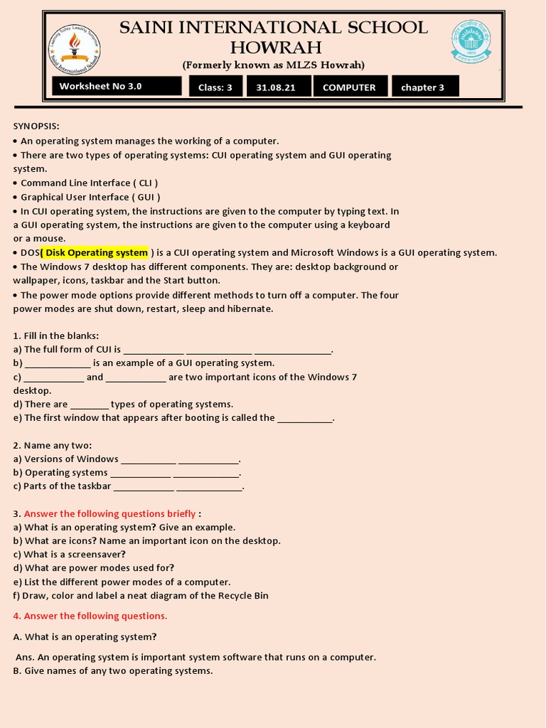 CLASS 3 COMPUTER - Worksheet 3.0 | PDF | Graphical User Interfaces ...