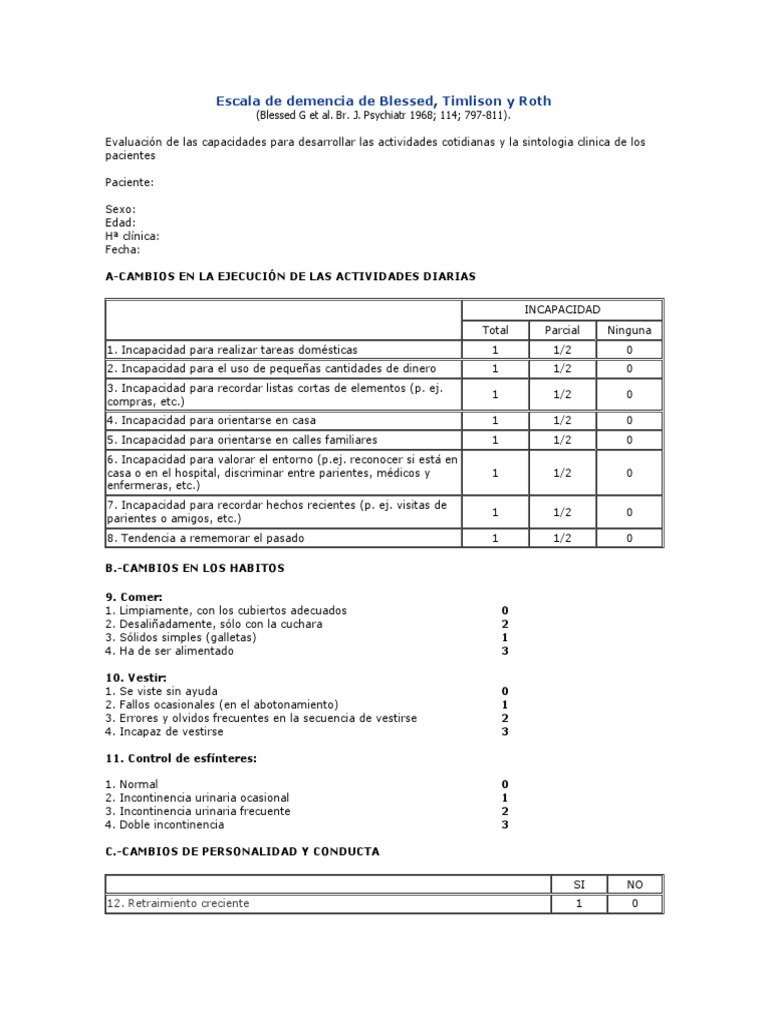 Escala de Demencia de Blessed | PDF | Ciencias del comportamiento ...