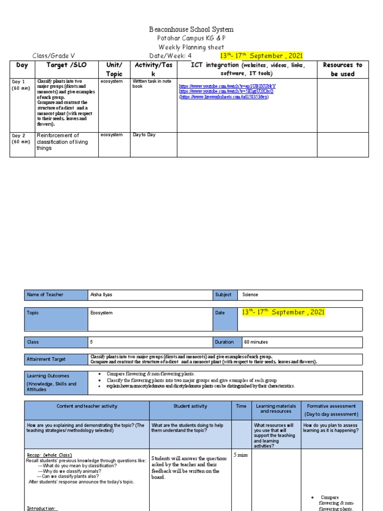 Weekly Science Lesson Plan for Grade 5 | PDF | Learning | Educational ...
