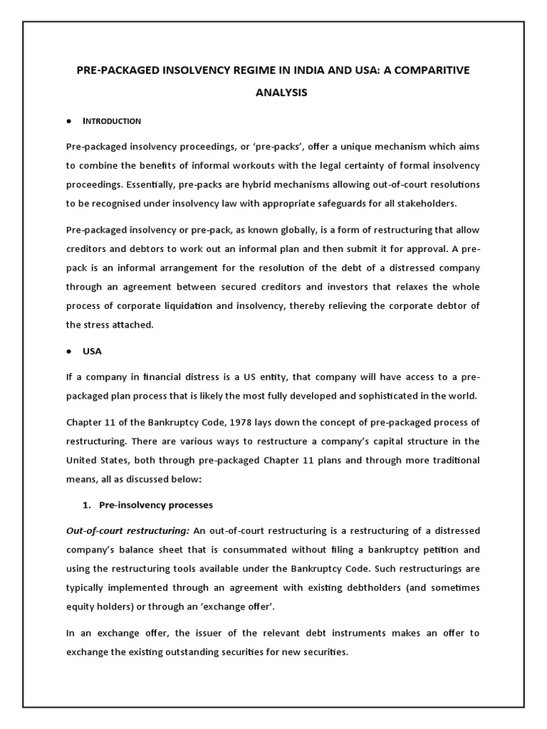 Pre-Packaged Insolvency in India and USA - A Compativie Analysis | PDF ...