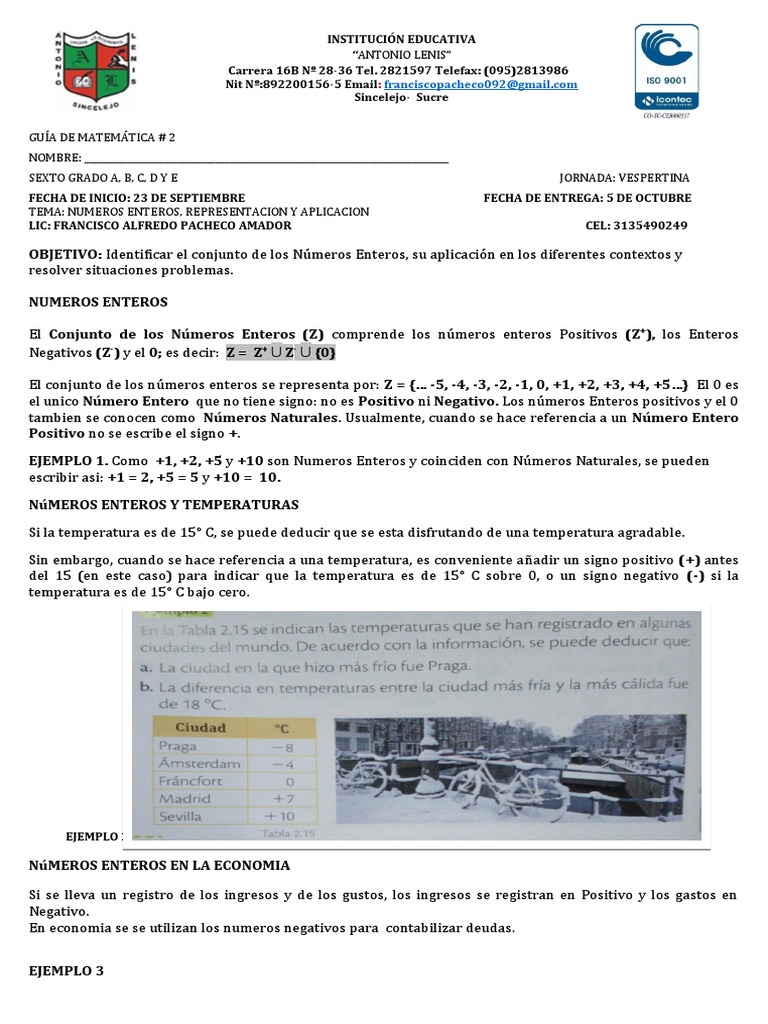 Guia 2 Numeros Enteros Representacion Y Aplicacion Pdf Entero