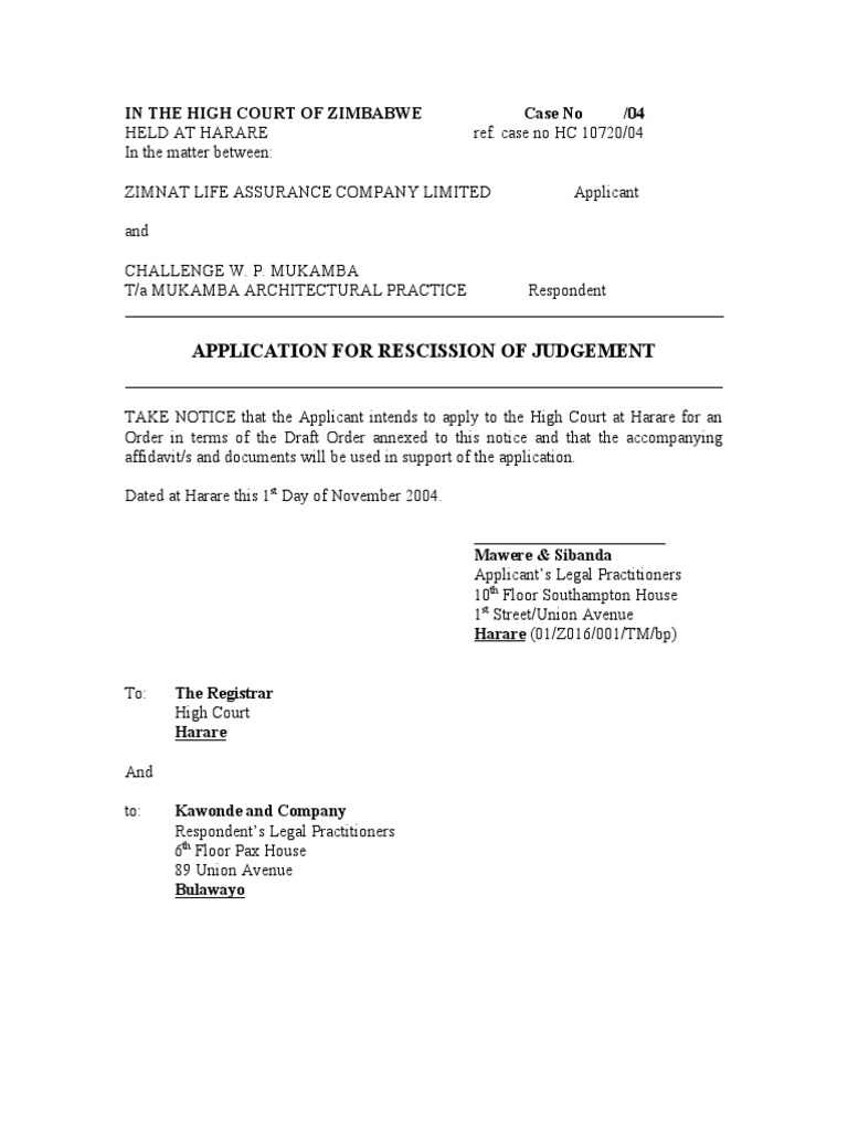 Application For Rescission of Judgemnt Zimnat | PDF | Default Judgment ...