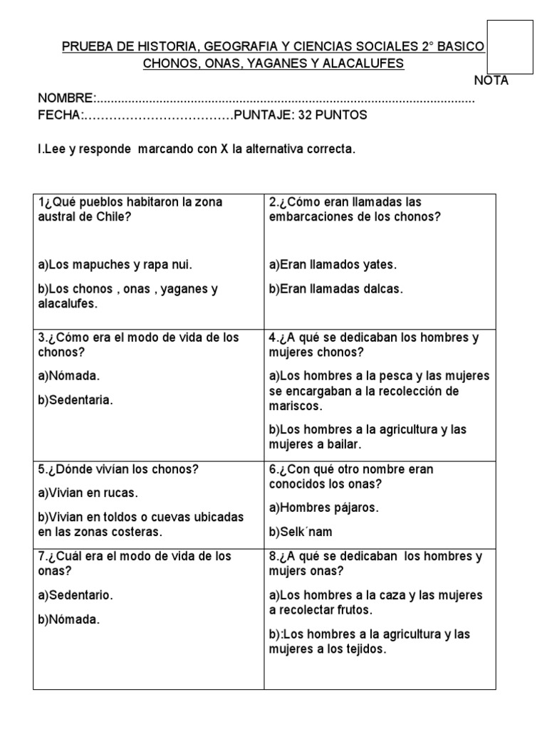 Prueba Onas Chonos, Yaganes y Alacalufes | PDF | Pueblos Indígenas de ...