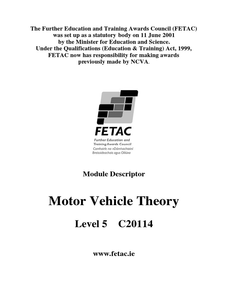 Motor Vehicle Theory FETAC | PDF | Educational Assessment | Carburetor