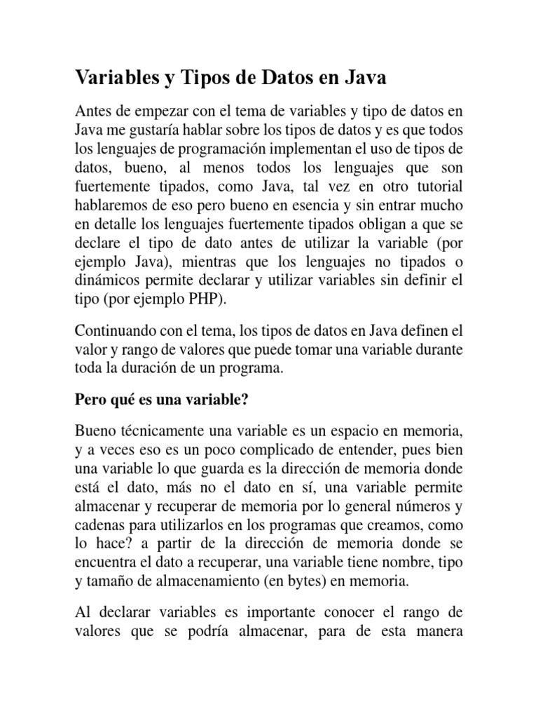 Variables y Tipos de Datos en Java | PDF | Tipo de datos | Objeto ...