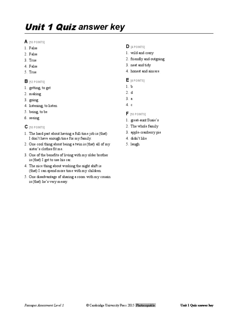Unit 1 Quiz: Answer Key | PDF | Career & Growth