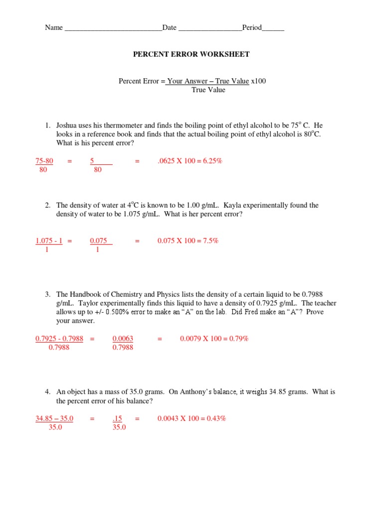 Percent Error Worksheet | PDF | Density | Liquids