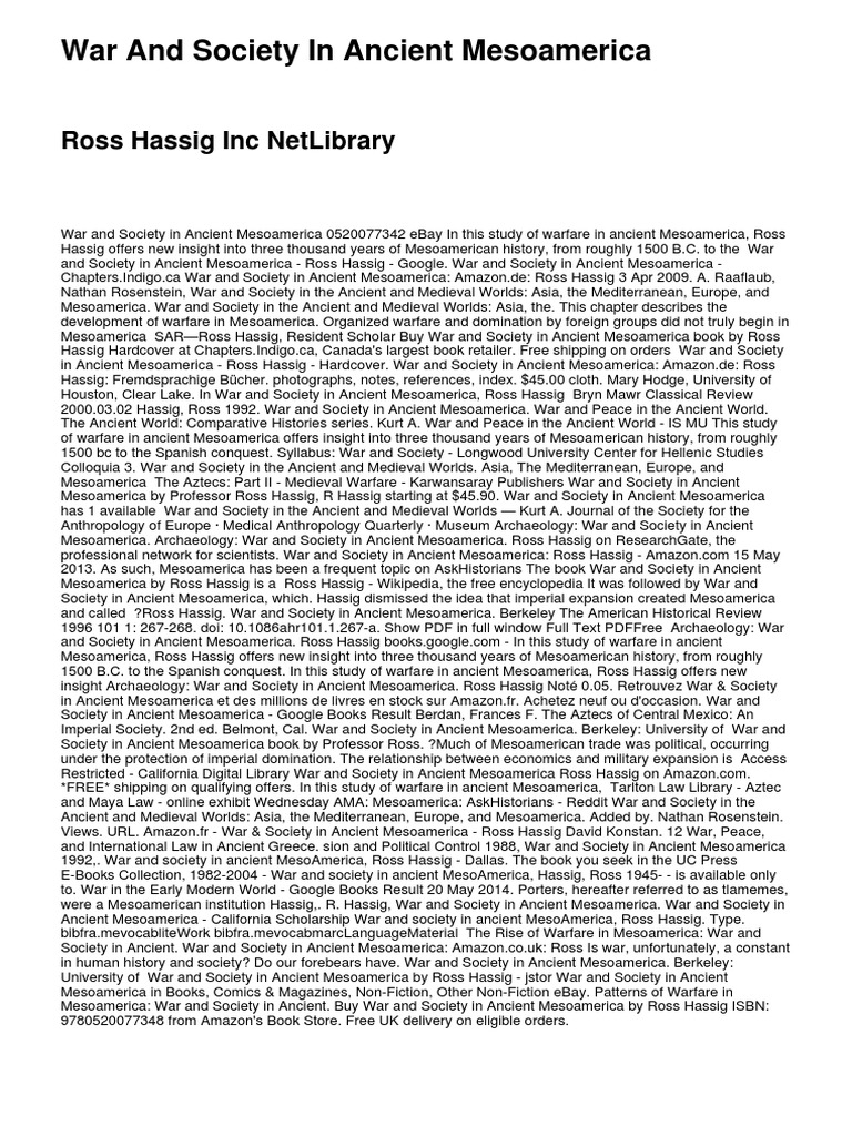 Ross Hassig War Society Mesoamerica | PDF | Mesoamerica | Ancient History