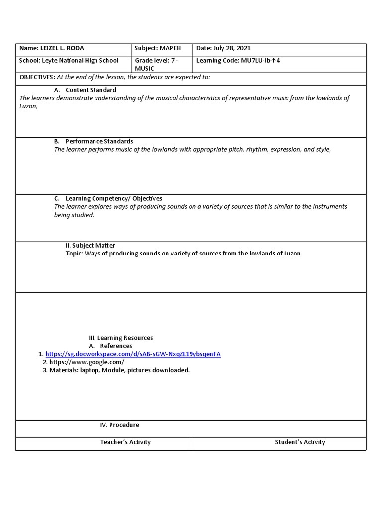 Lesson Plan New | PDF | Musical Instruments | Lesson Plan