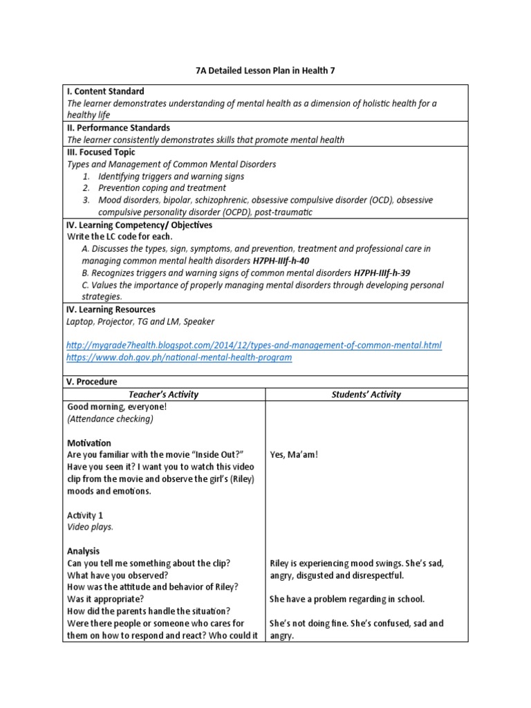 7A Detailed Lesson Plan in Health 7 I. Content Standard: Teacher's ...
