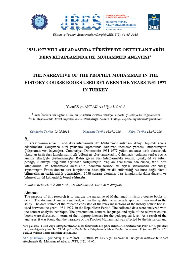 1931-1977 Yillari Arasinda T RK Ye de Okutulan Tar H Ders K Taplarinda Hz. Muhammed Anlatisi ...