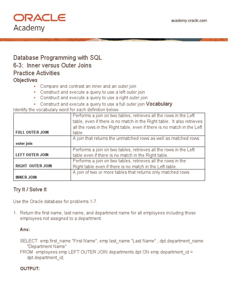 Database Programming With SQL 6-3: Inner Versus Outer Joins Practice Activities | PDF | Data ...