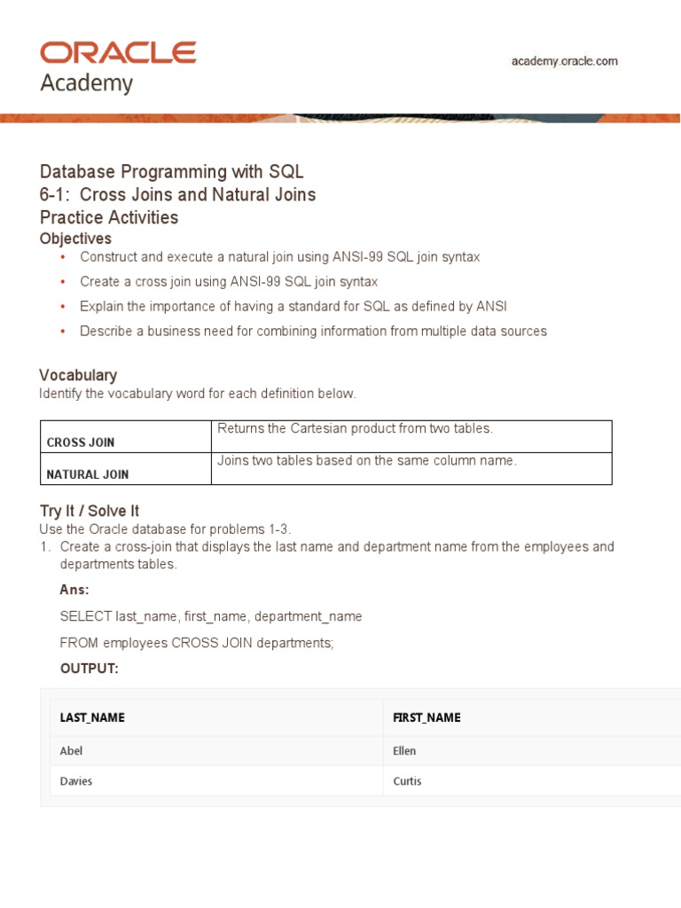 Database Programming With SQL 6-1: Cross Joins and Natural Joins Practice Activities | PDF