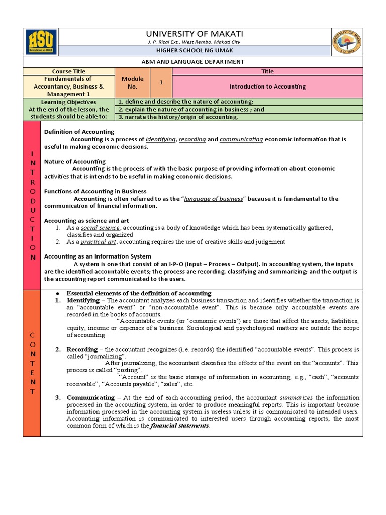 FABM1 Module 1 Introduction To Accounting | PDF | Bookkeeping | Accounting