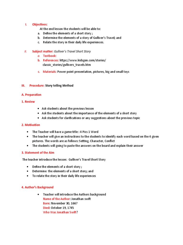Gulliver's Travels Lesson Objectives | PDF | Plot (Narrative)