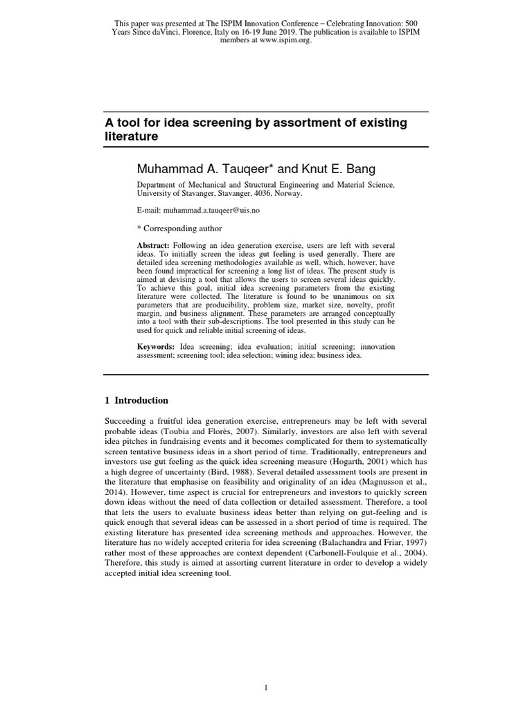 A Tool For Idea Screening by Assortment of Existing Literature | PDF ...