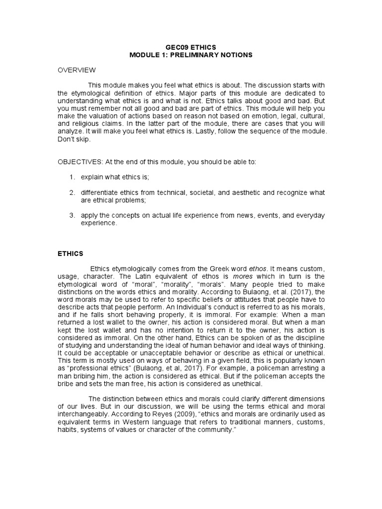 Gec09 Ethics Module 1: Preliminary Notions | PDF | Morality | Good And Evil