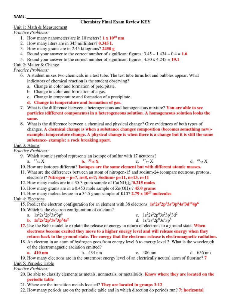 Chemistry Final Exam Review KEY: Practice Problems | PDF | Chemical ...