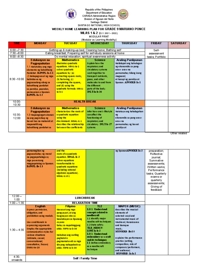 Weekly Home Learning Plan For (: Grade 9 Mariano Ponce Wlas 1 & 2 | PDF ...
