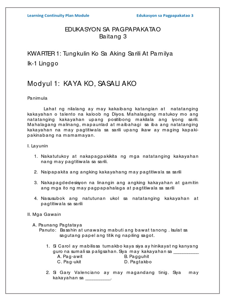 EsP 3 Q1 W1 Mod1 Kaya Ko Sasali Ako | PDF