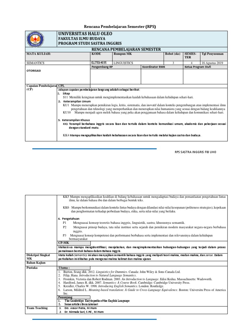 RPS Mata Kuliah Semantics | PDF
