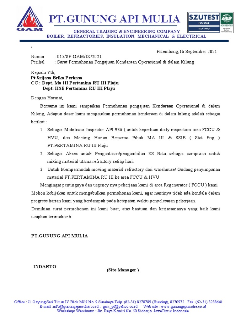 Permohonan Izin Pengajuan Kendaraan Operasioanal Di Dalam Kilang | PDF ...