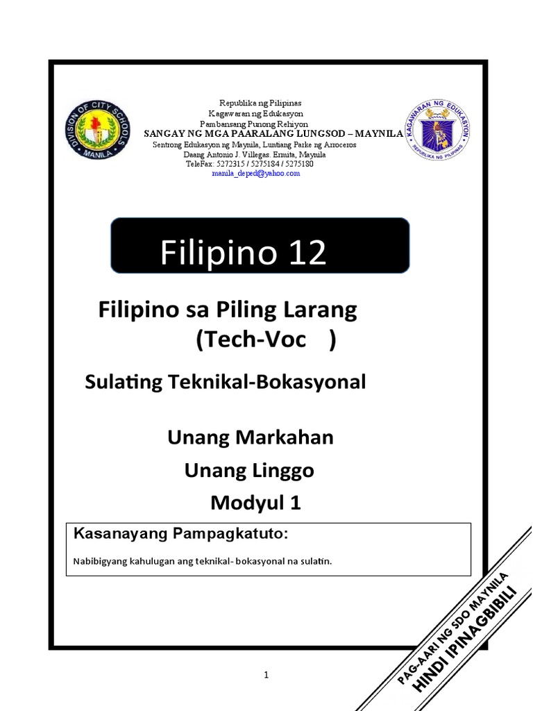 FILIPINO-12 Q1 Mod1 Tech-Voc | PDF