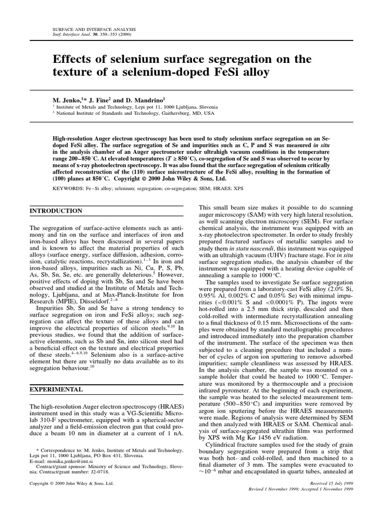 Effects of Selenium Surface Segregation On The Texture of A Selenium ...