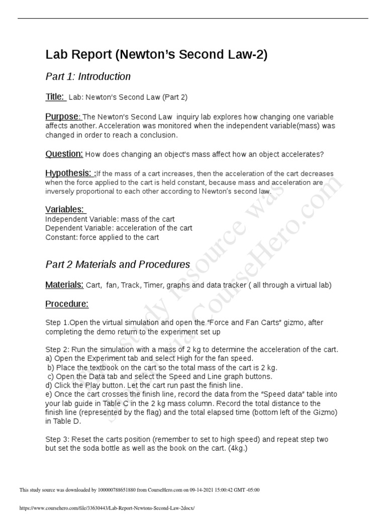 Lab Report Newtons Second Law 2 | PDF | Force | Acceleration