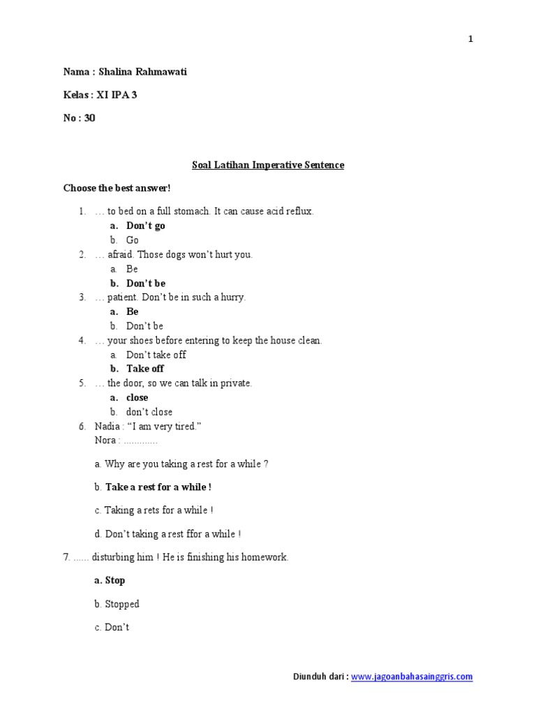 Soal Latihan Imperative Sentence | PDF
