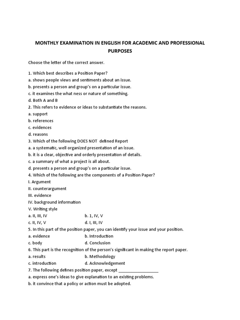 Monthly Examination in English For Academic and Professional Purposes ...