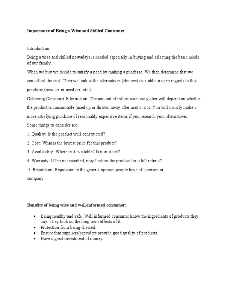Importance of Being A Wise and Skilled Consumer | PDF