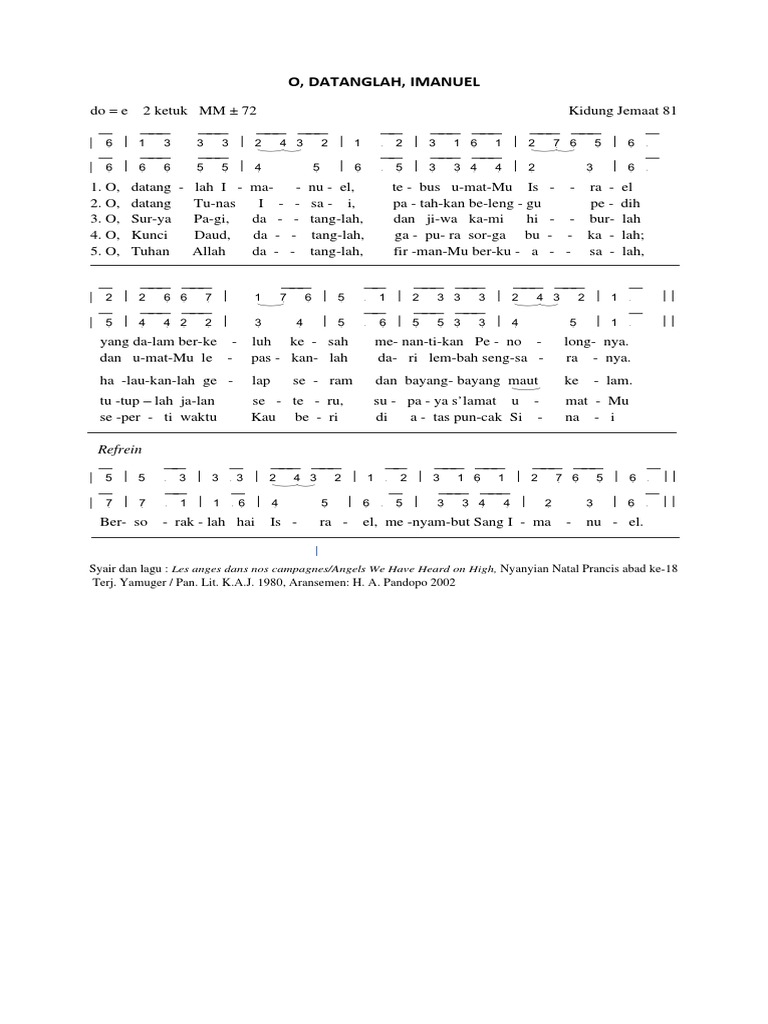 PACE Lagu O DATANGLAH IMANUEL | PDF