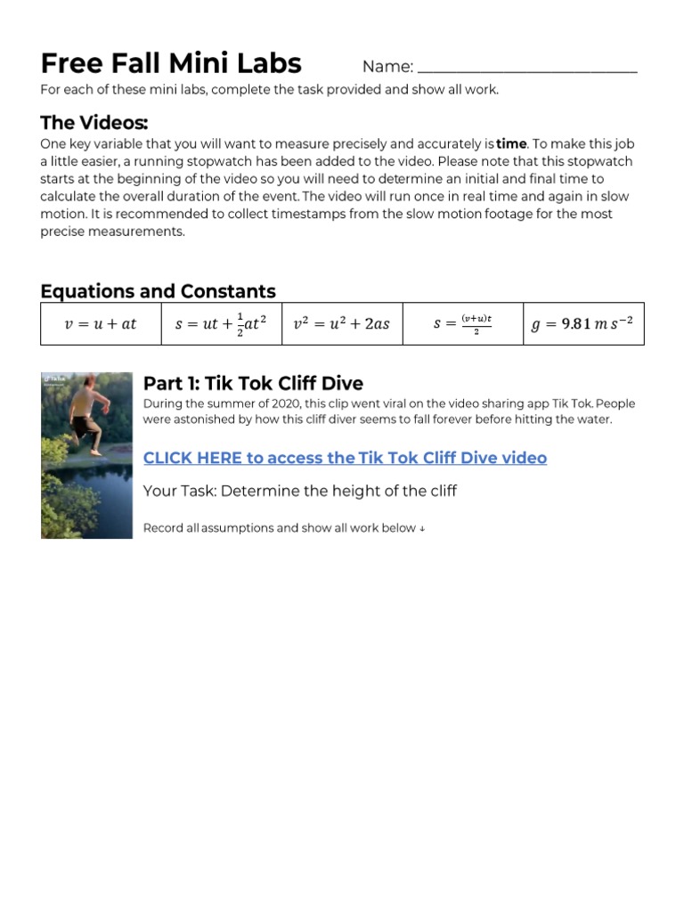 Calculate Cliff Dive Height Using Physics | PDF