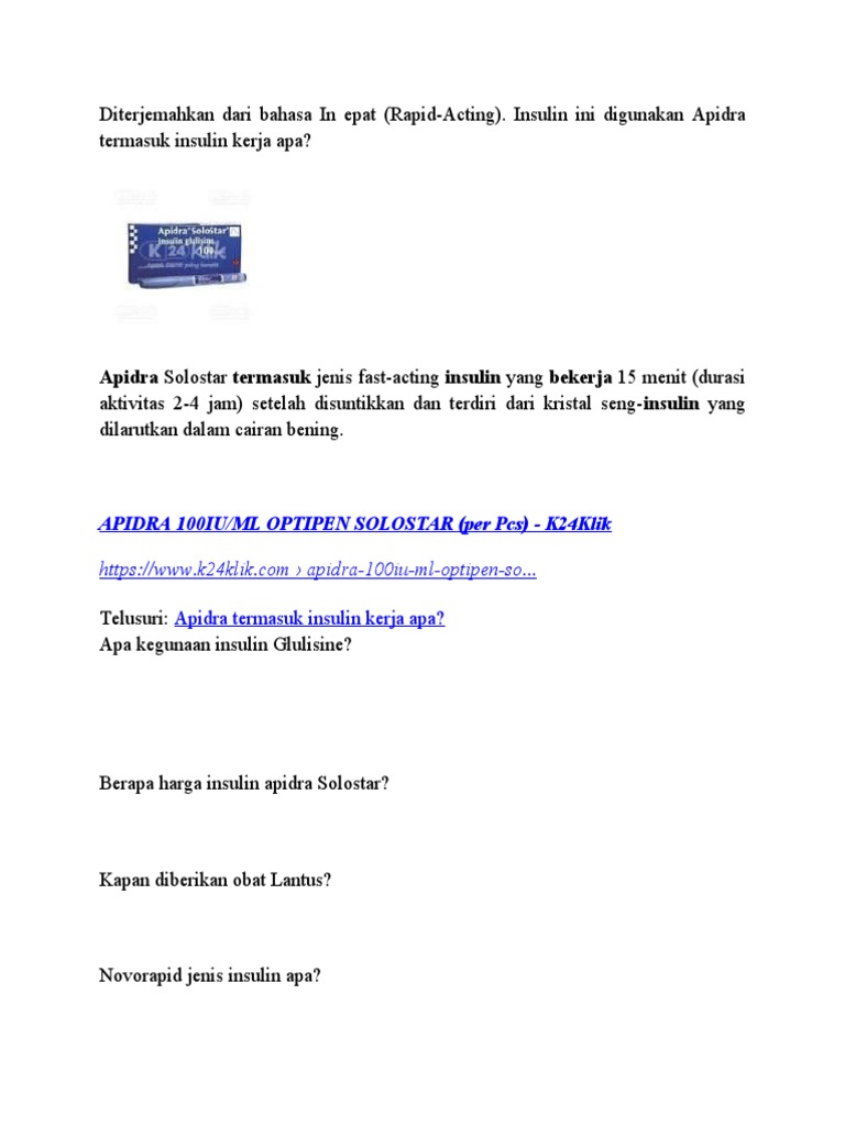Apidra Solostar Termasuk Jenis Fast-Acting Insulin Yang Bekerja 15 ...