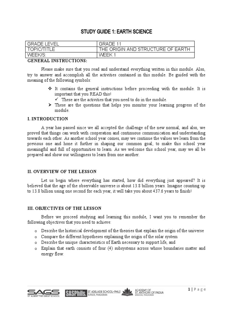 Study Guide 1: Earth Science: General Instructions | PDF | Universe ...