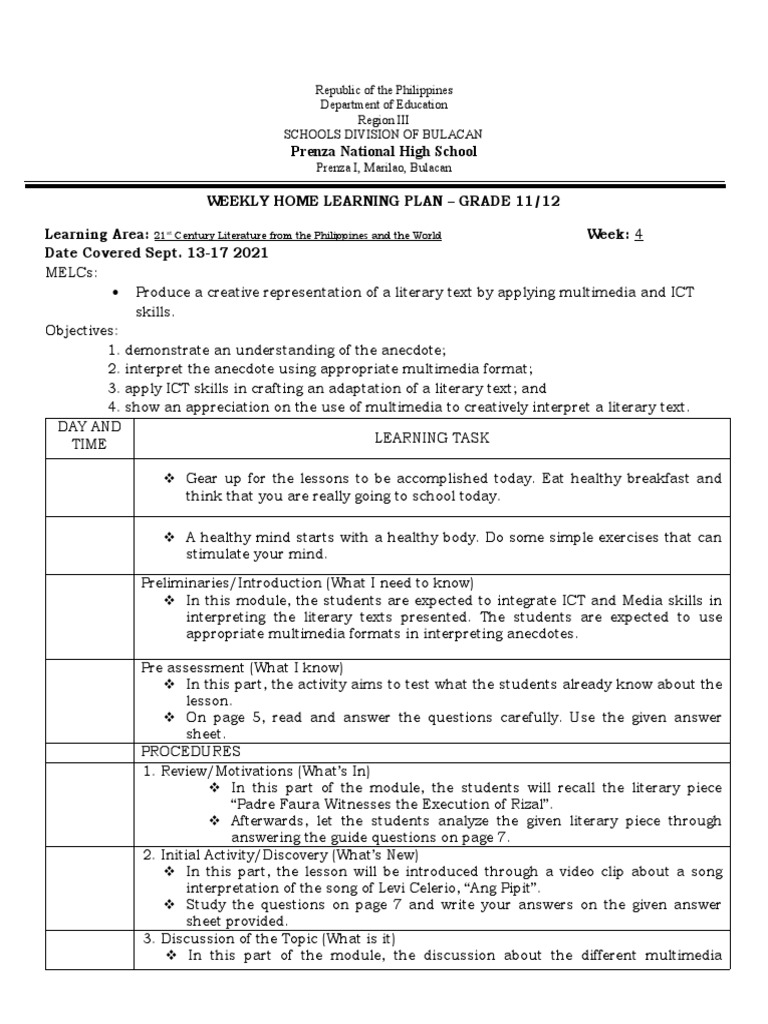 Sample WHLP (Week 4 For 21st) | PDF | Educational Technology | Multimedia
